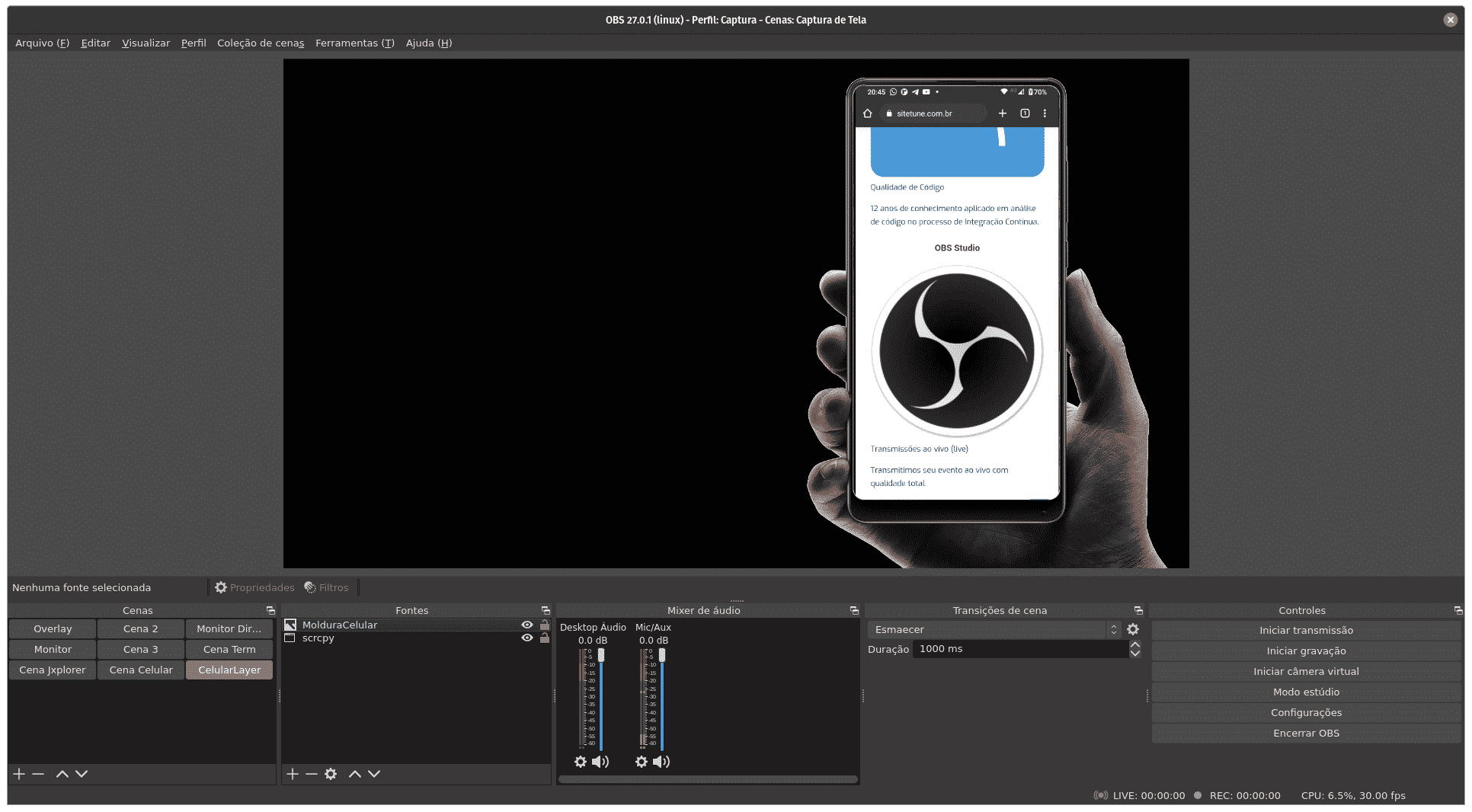 Captura de tela do celular Android no OBS - SiteTune